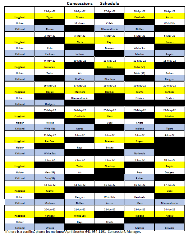 Concession Stand Schedule